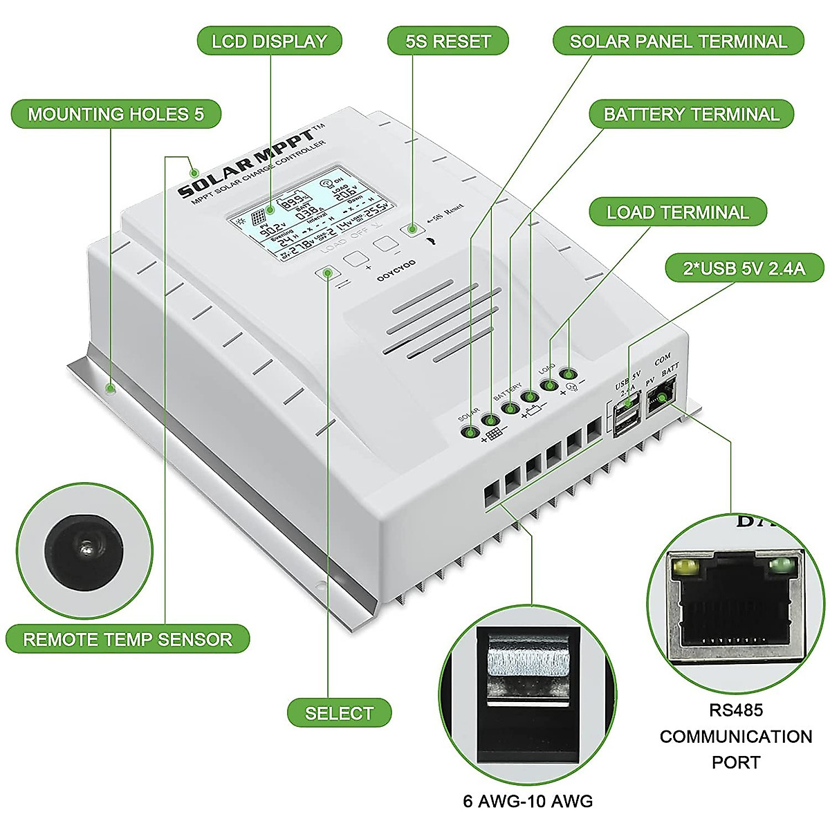 OOYCYOO MPPT Charge Controller 60 amp, 12V 24V Auto 60A Solar Panel Charge Regulator, Max 100V Input with LCD Display for Lead-Acid Sealed Gel AGM Flooded Lithium Battery