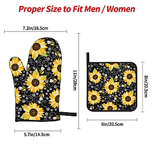 Sunflower Bees Oven Mitts and Pot Holders Sets of 4 High Heat Resistant Oven Mitts with Oven Gloves and Hot Pads Polyester Potholders for Kitchen Baking Grilling BBQ Non-Slip Cooking Mitts
