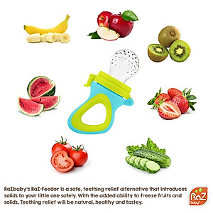 RaZbaby Baby Solids/Frozen Fruit Feeder Pacifier, Infant Teether Toy 6M+, BPA-Free Silicone Pouch & Nipple, Safely Introduce Solids, Natural Teething Relief, Dishwasher Safe, Freezable – Green/Blue
