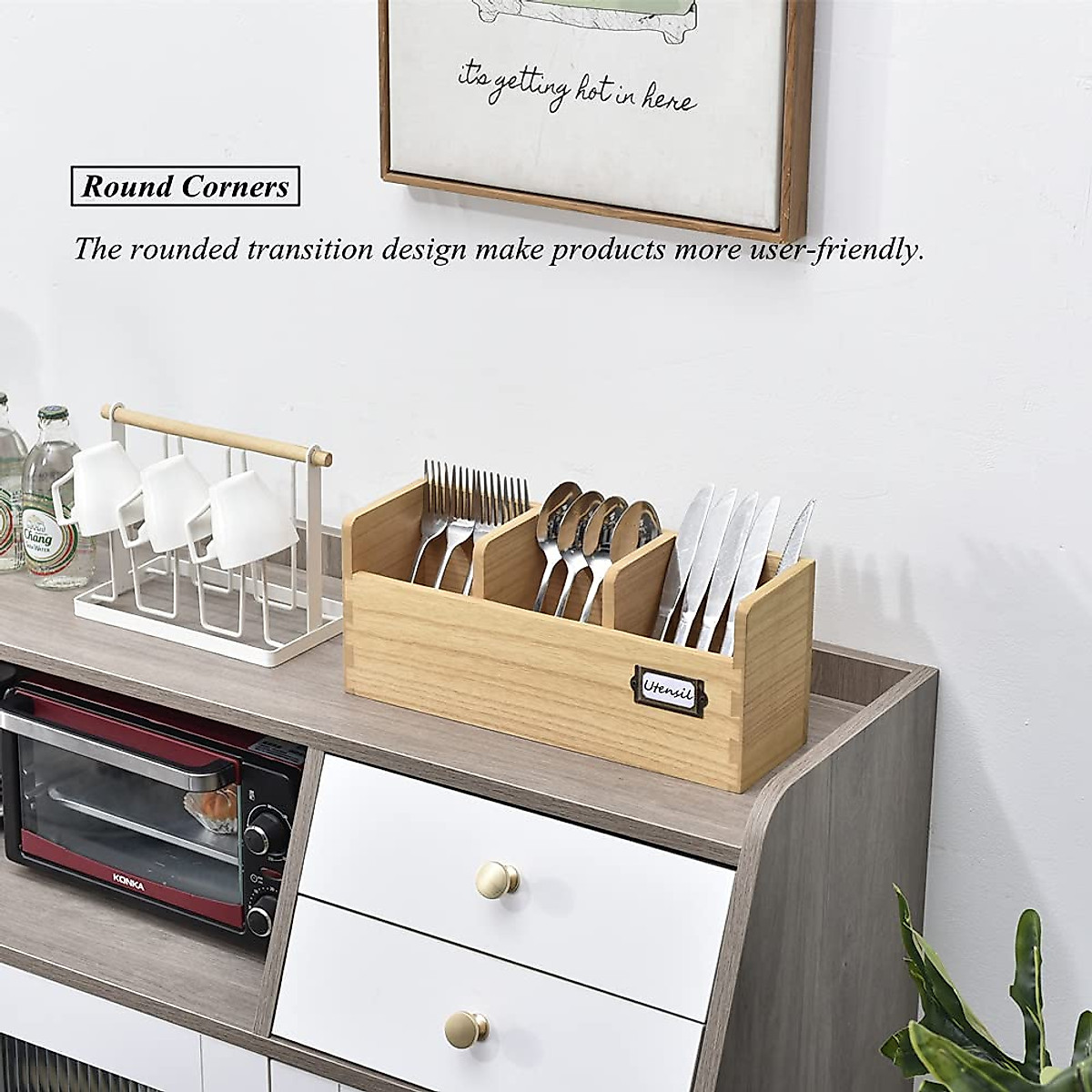 Kirigen Wood Kitchen Utensil Holder With 3 Compartments - Wooden Cooking Storage Flatware, Cutlery, Silverware Caddy - Countertop Decorative Utensils Organizer Crock Natural,3KH-NA