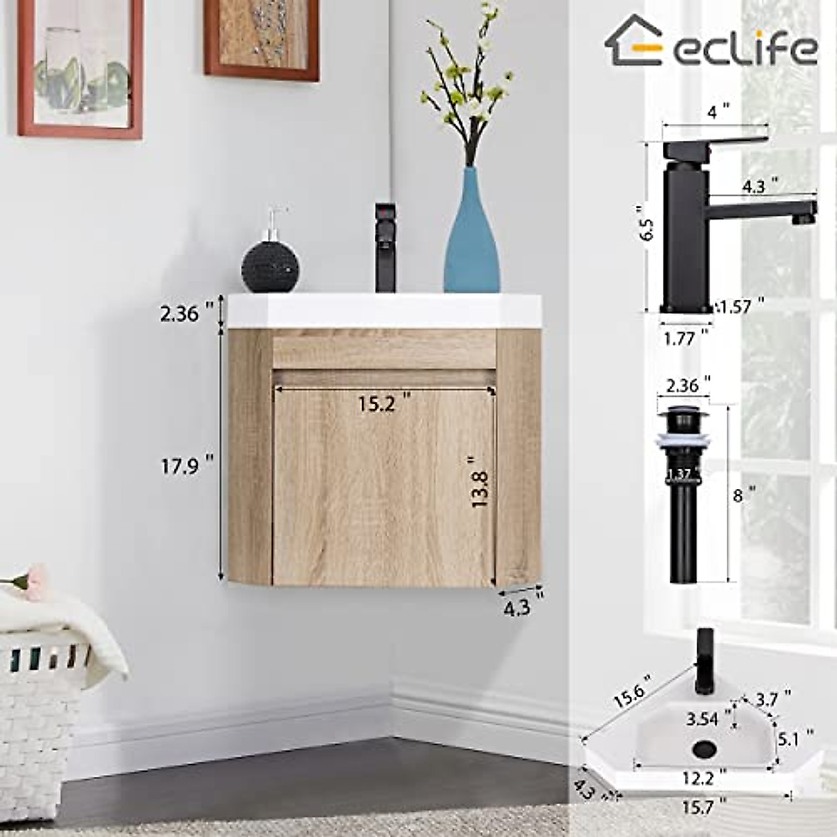 eclife 22" Corner Bathroom Vanity Sink Combo for Small Space Wall Mounted Floating Cabinet with White Resin Sink and Matte Black Faucet, Oak