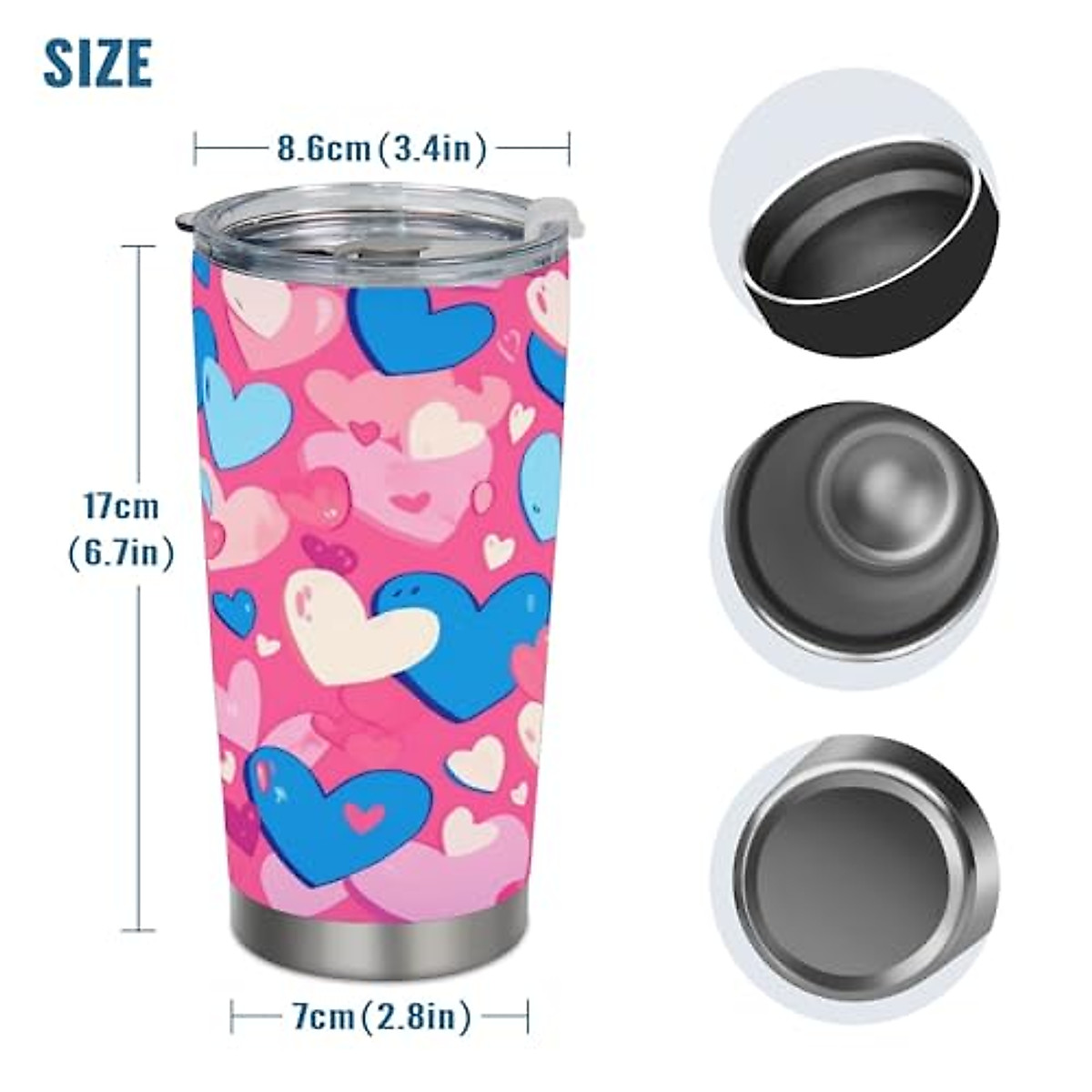 QWEUIOP 20oz Insulated Travel Coffee Mug Blue Hearts Pattern Stainless Steel Tumbler with Lid Double Wall Vacuum Coffee Cup For Hot and Cold Drinks14182