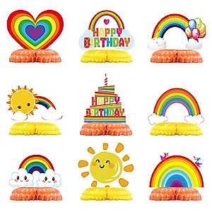 9 Pieces Rainbow Honeycomb Rainbow Party Decorations Cloud Sun Heart Balloon Decor Rainbow Centerpieces for Tables Rainbow Honeycomb Paper Centerpiece for Birthday Baby Shower