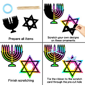WATINC 60pcs Hanukkah Scratch Paper Art Craft Set DIY Chanukah Party Themed Magic Scratch Off Cards for Kids, Star of David Menorah Dreidel Gold Coin Color Drawing Christmas School Supplies