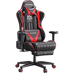 AutoFull C3 Gaming Chair Office Chair Ergonomic Computer Gaming Chair PU Leather with Headrest and Lumbar Support High Back Adjustable Racing Gaming Chair with Footrest(Red)