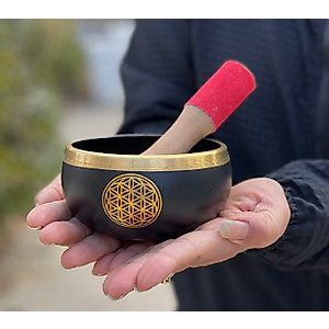 Tibetan Flower Of Life Singing Bowl Mallet Cushion Set ~ For Meditation, Yoga, Spiritual Healing and Mindfulness ~ Medium (Black)