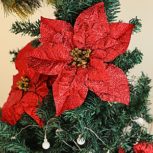 Nubry 10pcs Artificial Poinsettia Flower Heads with 2pcs Stems Fake Red Christmast Decoration Faux Flowers Bouquet for Christmas Tree Home Garden Decor (5-Red-11in)