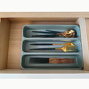 TUNGTAR custom silverware drawer tray BPA Free expandable drawer organizer for utensils holder, cutlery tray, DIY organizer for silverware, flatware, knives (Gray, 10.25 * 7.65INCH 3IN1)