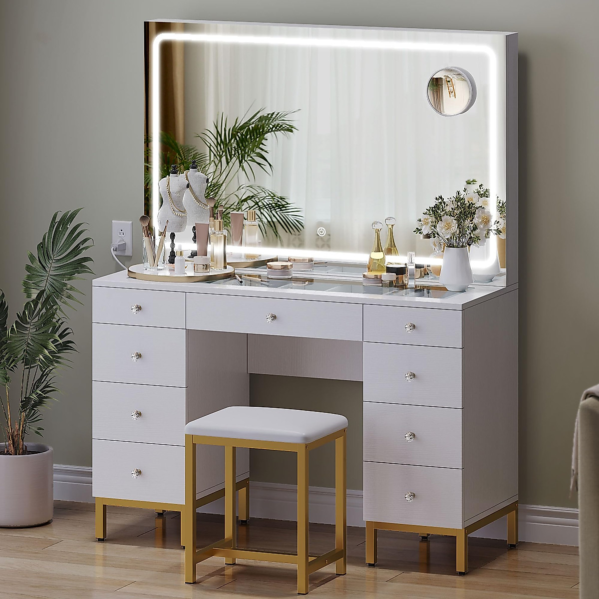 YITAHOME Vanity Desk Set, with XL LED Lighted Mirror Magnifying Glass & Power Outlet, 9 Drawers Makeup Vanities Dressing Table with Stool, White, 47 Inches