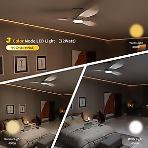Low Profile Ceiling Fans,52”Flush Mount Ceiling Fans with Lights Remote Control with 3 Reversible Blades,22W 3CCT LED Lights 6 Speed DC Motor Ceiling Fan For Bedroom/Farmhouse/Patios/Living Room White
