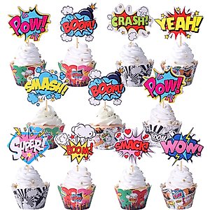 36 PCS Superheros Cupcake Toppers and Wrappers Boom Pow Hero Cupcake Picks for Celebrating Kids Heros Theme Baby Shower Birthday Party Cake Decorations Supplies Colorful