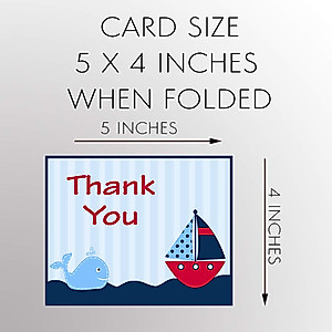 The Invite Lady Nautical Thank You Cards Baby Shower Ahoy It's A Boy Red Navy Blue Stripes Sprinkle Thanks Whale Sailboat Birthday Party Ship Boys (24 count)