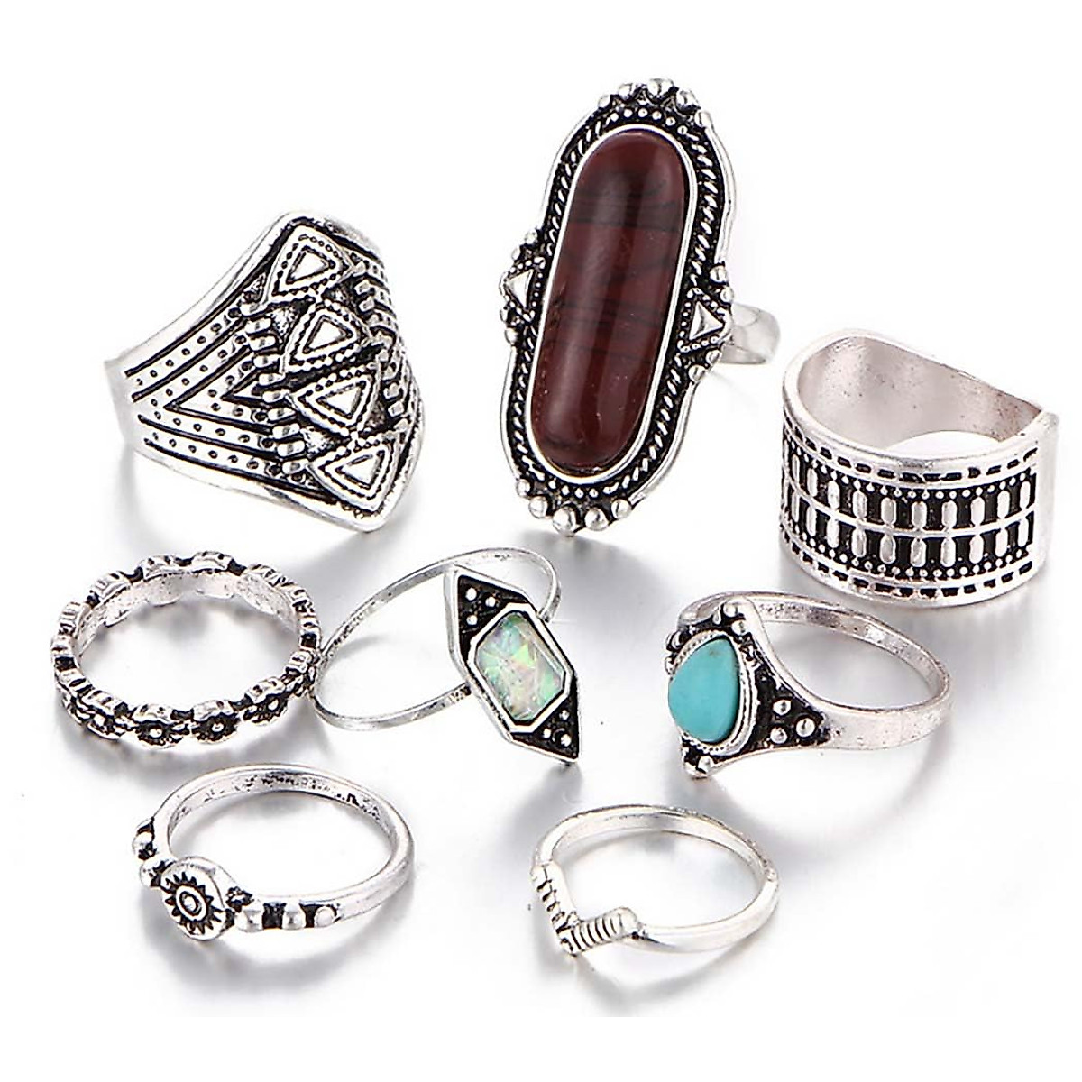 Campsis 8PCS Knuckle Ring Sets Turquoise Boho Rings Vintage Flower Mid Finger Ring for Women and Girls