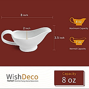 WishDeco White Gravy Boat, 8oz Ceramic Gravy Jug, Small Sauce Jug with Smooth Handle, Porcelain Sauce Boat for Salad Dressing, Broth, Cream, Milk