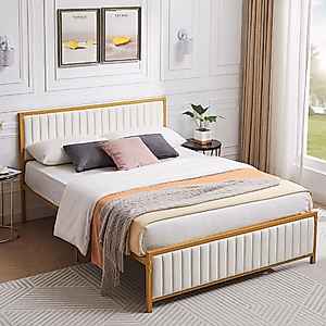 VECELO Full Size Bed Frame with Upholstered Tufted Headboard & Footboard, Heavy Duty Steel Slats Platform, No Box Spring Needed, Gold