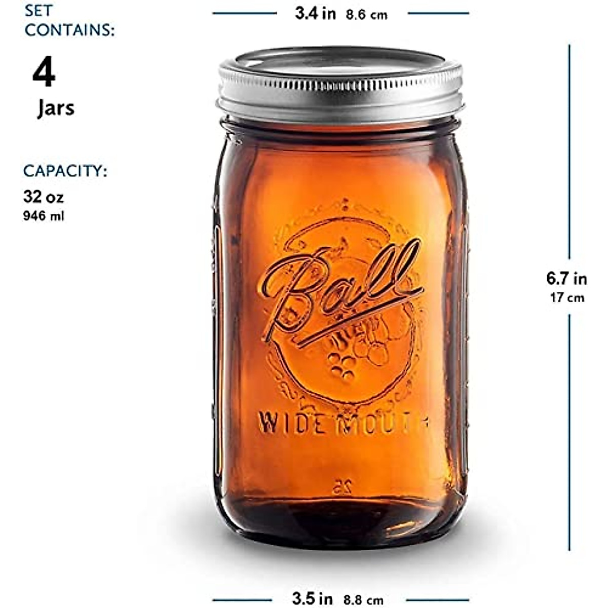 Ball WIDE MOUTH Quart (32 oz.) Glass Food Preserving Pickling Canning Mason Jar with Lid and Band, Clear, 12-Count (Packaging May Vary) (Amber)