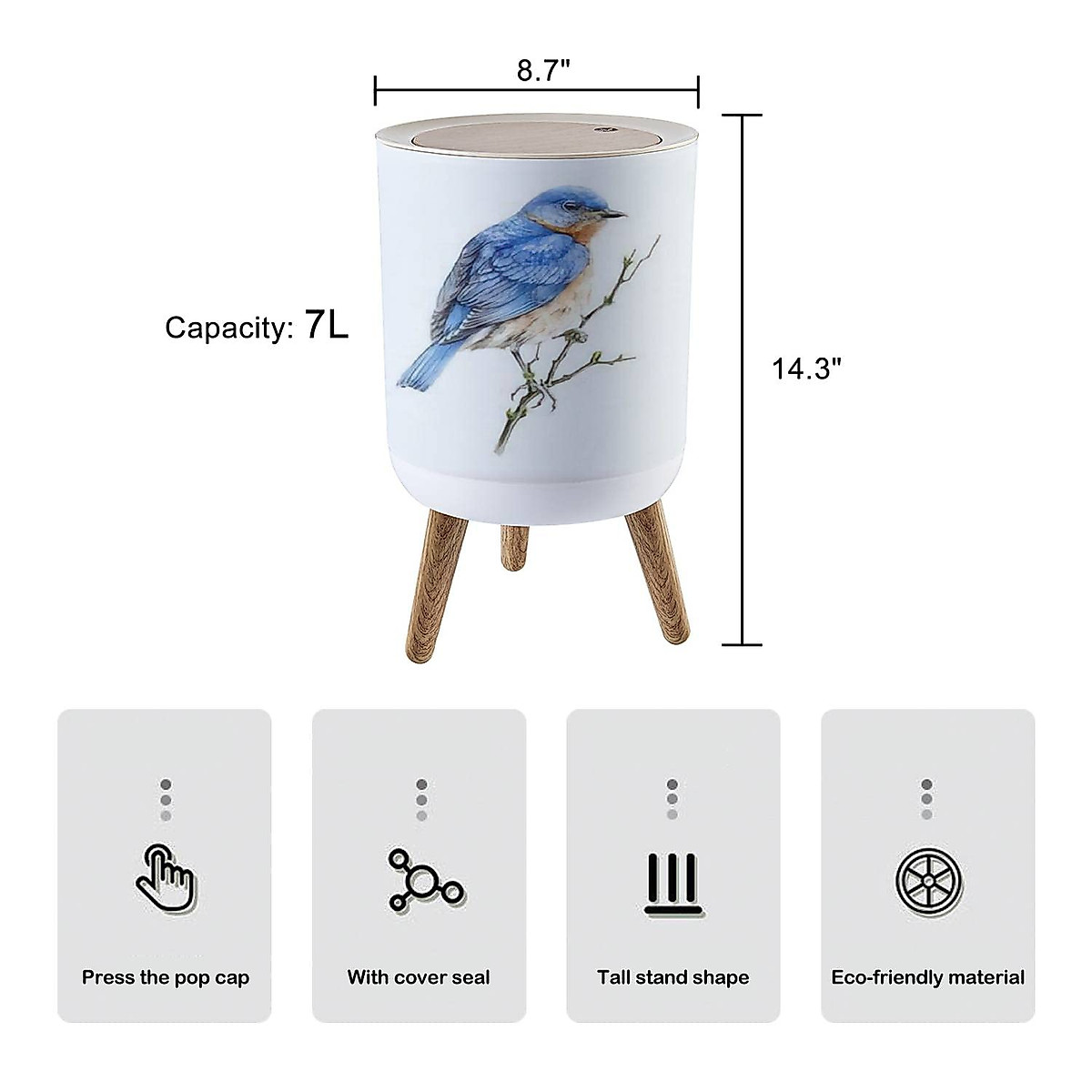 Small Trash Can with Lid Bluebird sitting on a branch watercolor Eastern sialia small songbird 7 Liter Round Garbage Can Elasticity Press Cover Lid Wastebasket for Kitchen Bathroom Office 1.8 Gallon