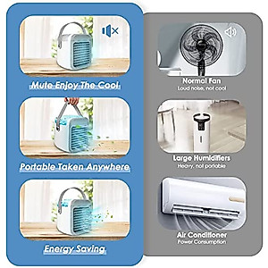 Portable Air Conditioner Fan, Evaporative Personal Air Cooler Humidifier, 3 Speeds, 7 Colors LED Light, Freon Free Ice Cooler Fan with Handle, Misting Fast Cooling Desktop Fan for Room, Office, Study