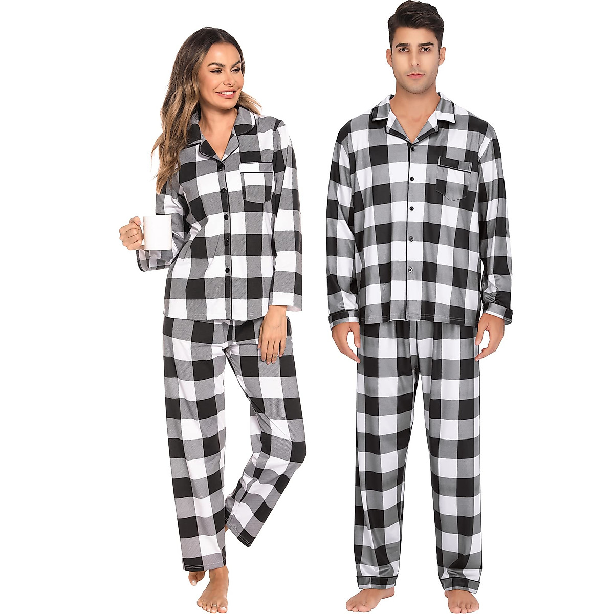 Sexqero Christmas Family Matching Pajamas Set Couples Button Down Sleepwear Loungewear Long Sleeve Plaid Pjs Lounge Set S-XXL