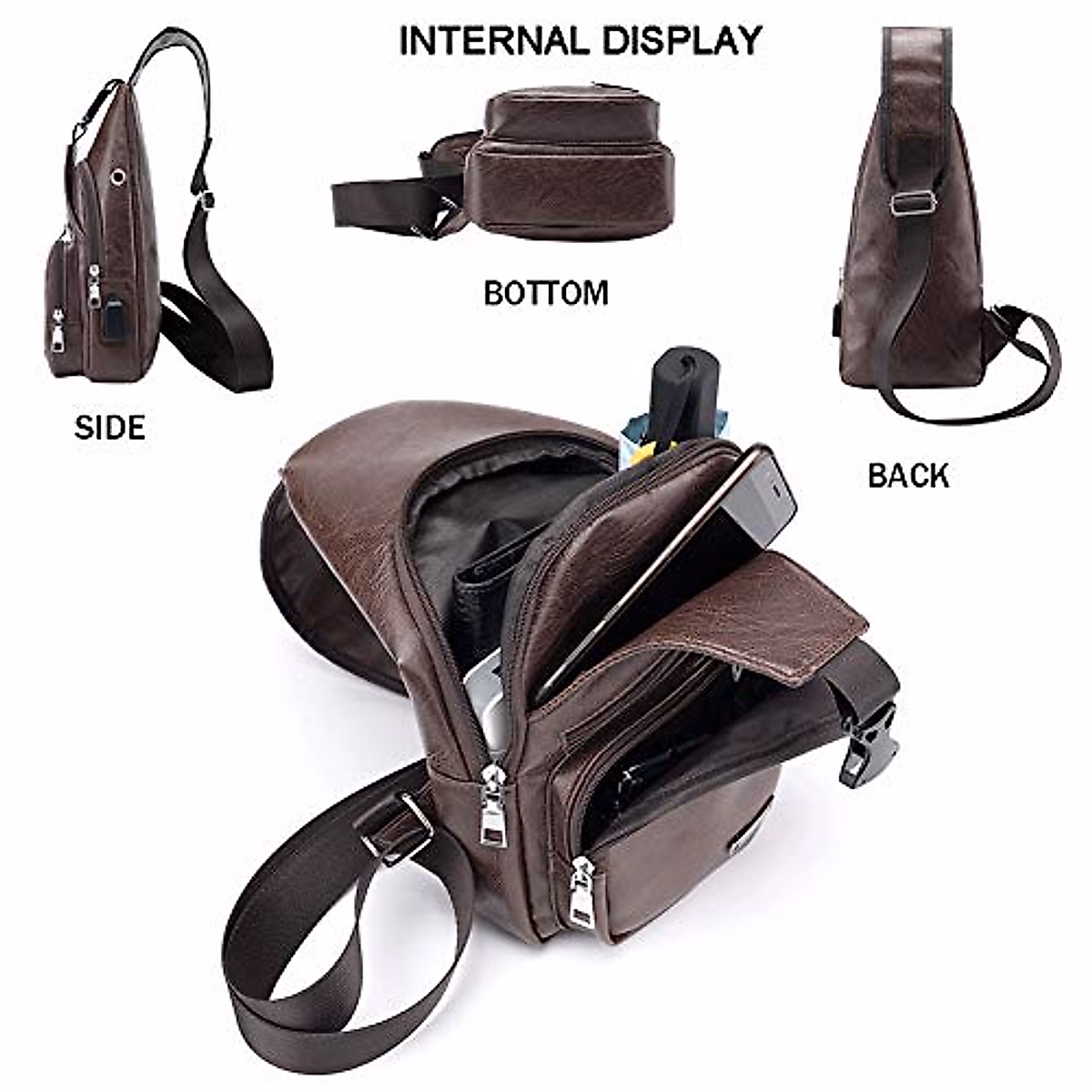 JUMO CYLY Leather Sling Bag with USB Charging Port Large Mens Crossbody Shoulder Bag Travel Sling Chest Bag (Small Deep Brown)