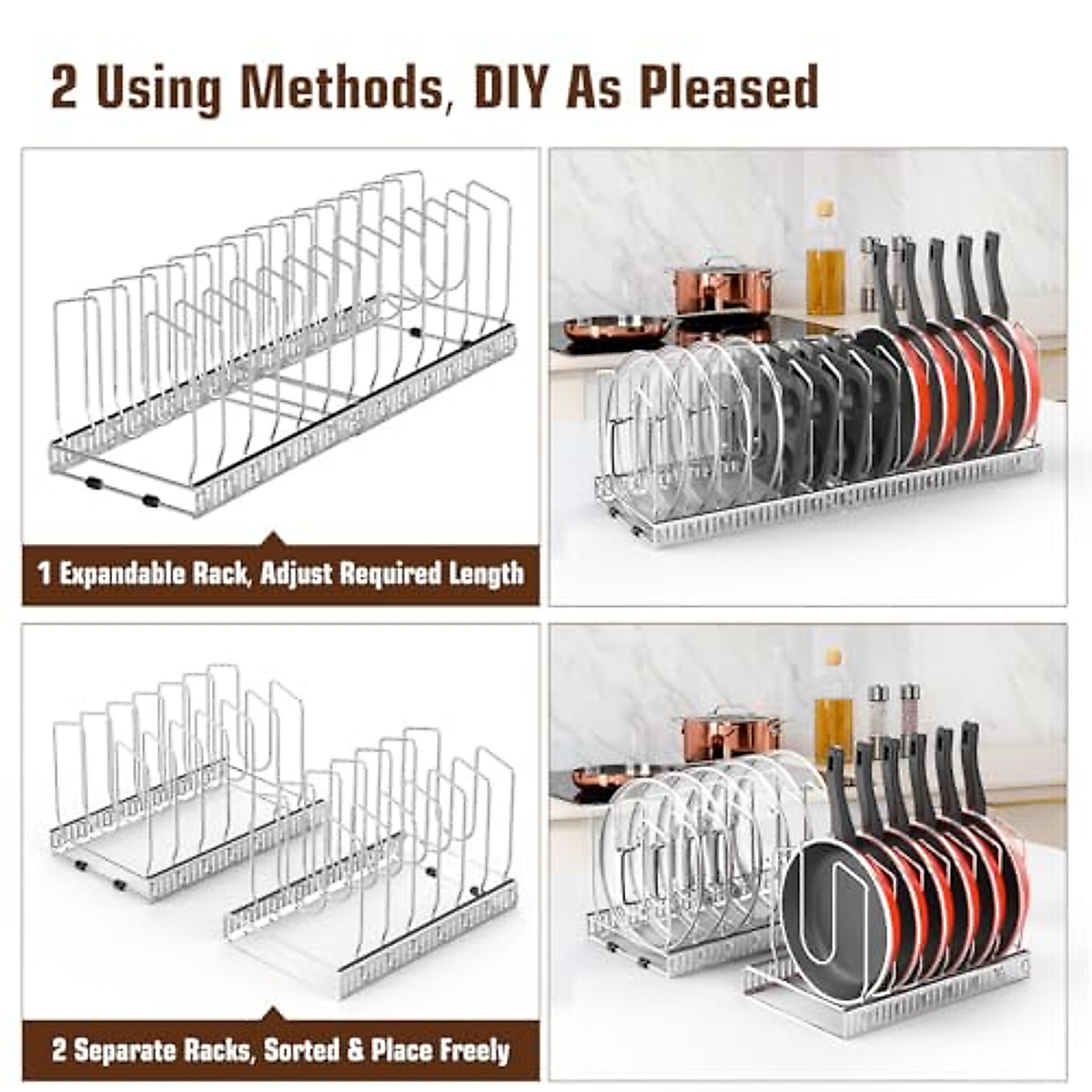 Housolution Pot Lid Organizer, Stainless Steel Expandable Pot and Pan Organizer with 14 Adjustable Dividers, Pan Storage Rack Lid Holder for Cabinet, Silver