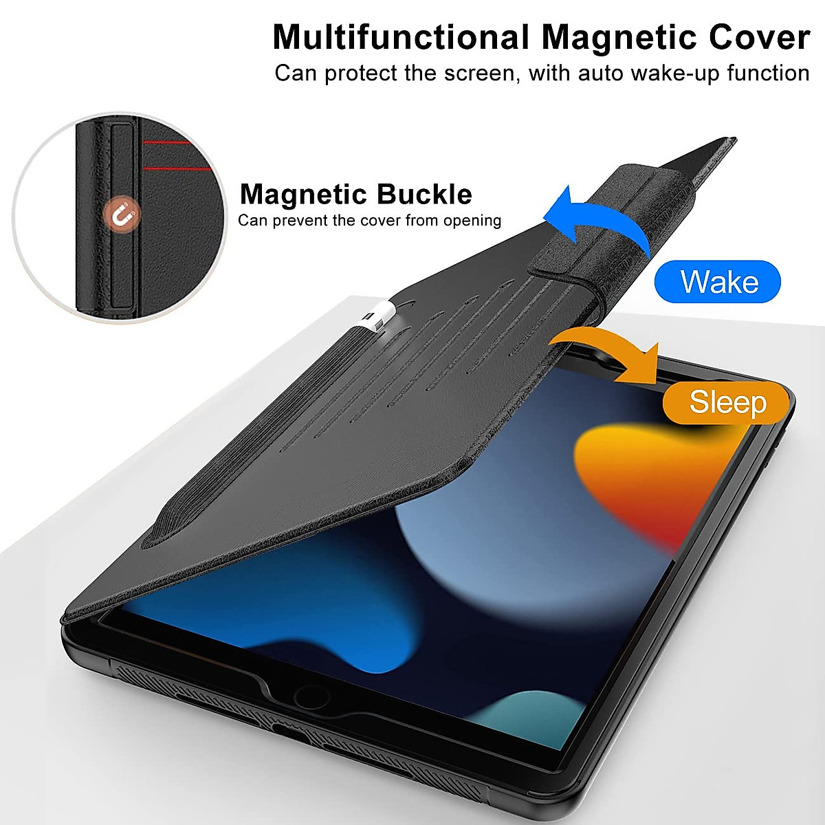 DUNNO Case for iPad 9th/ 8th/ 7th Generation (iPad 10.2-Inch 2021/2020/2019), Shockproof Magnetic Multi-Angles Stand Cover Case with Pen Holder & Card Pocket, Auto Wake/Sleep (Black)