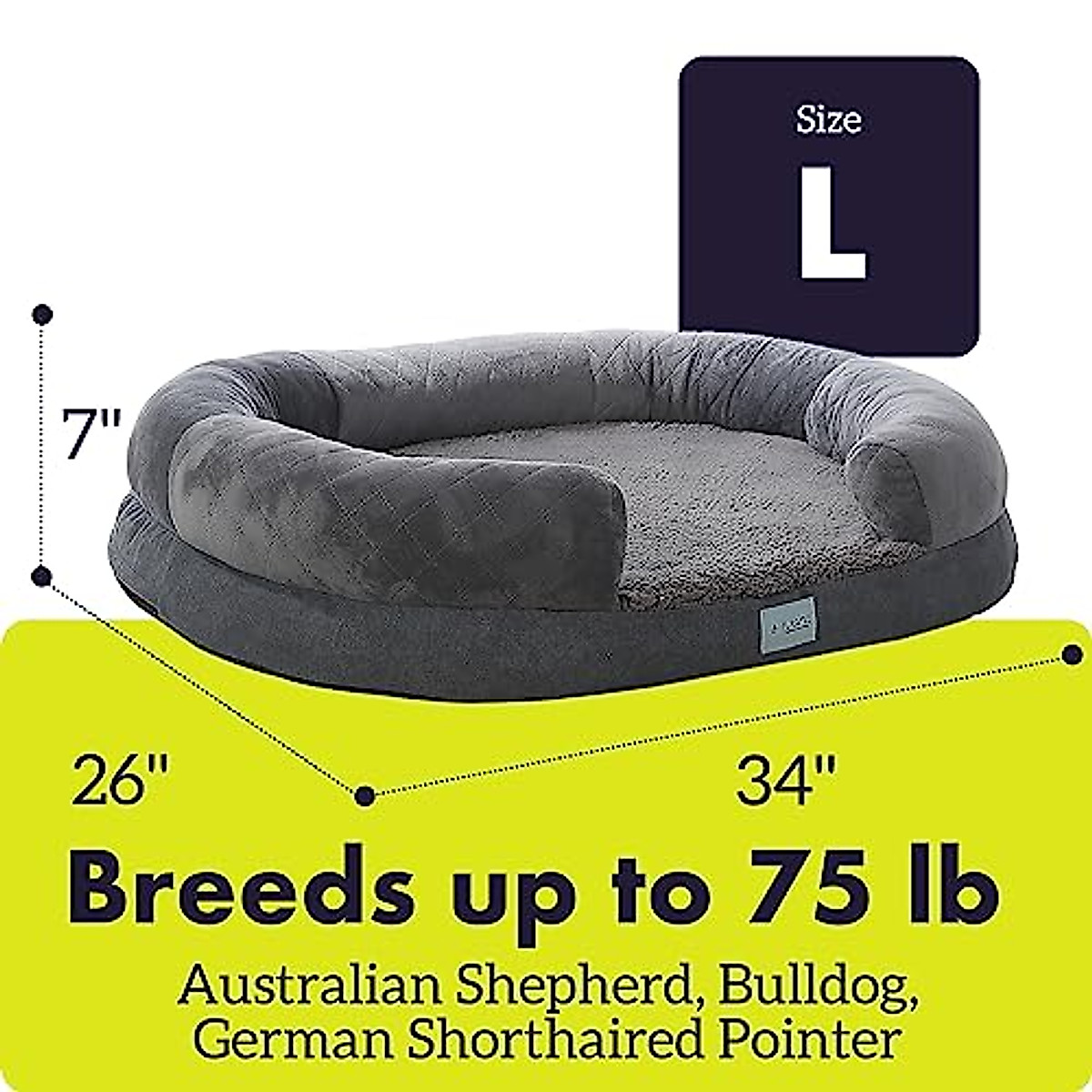 Furated Orthopedic Dog Beds for Large Dogs, Curved Bolster Dog Couch Bed with Egg-Crate Foam, Dog Sofa Bed with Removable Washable Cover and Waterproof Liner, Iron Gray, L