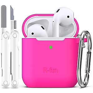 R-fun Compatible with AirPods Case Cover, Soft Silicone Protective Cover with Keychain for Women Men Compatible with Apple AirPods 2nd 1st Generation Charging Case, Front LED Visible,Rose Pink