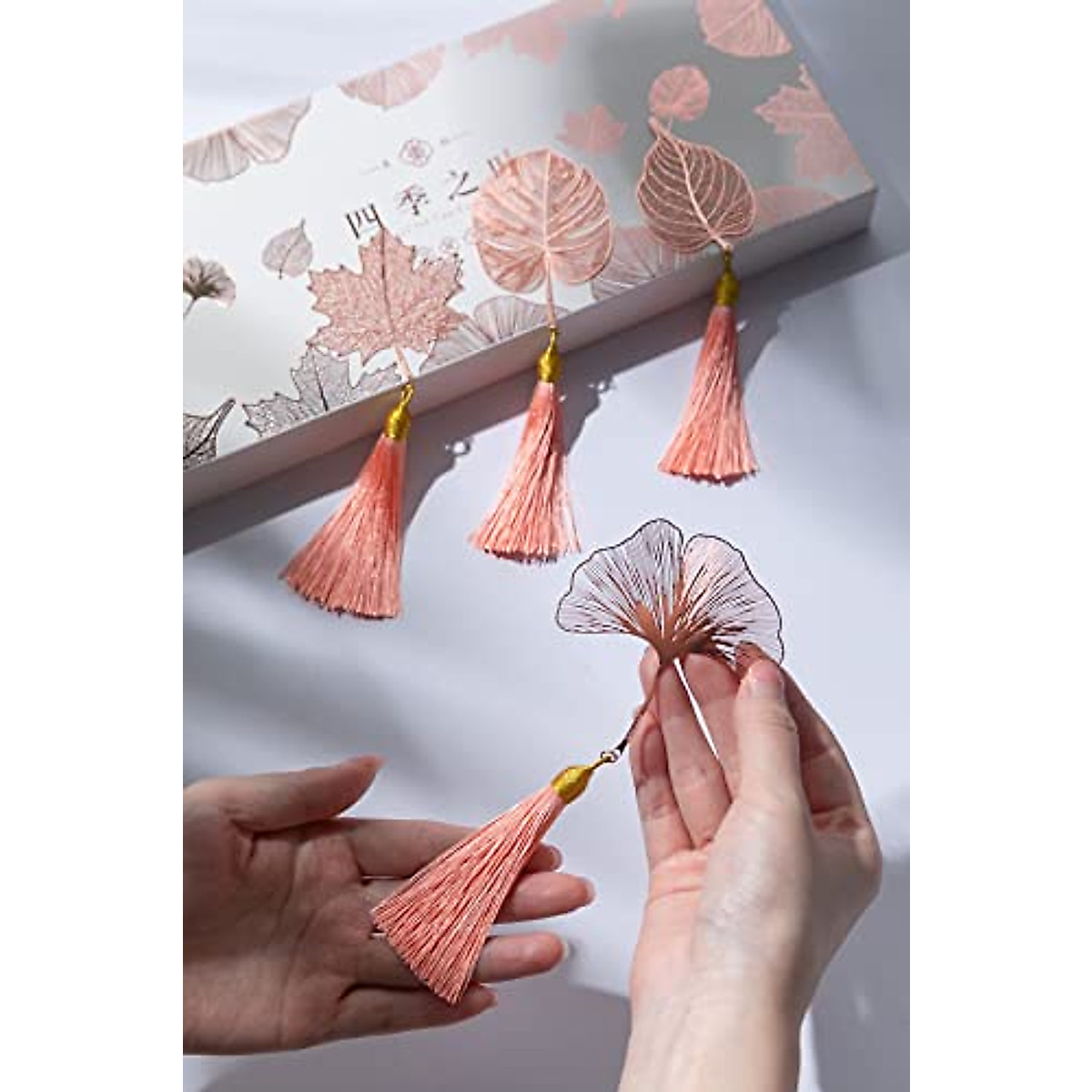 4 Metal Bookmarks with Tassels. Four Different Leaf Shapes, Representing The Four Seasons of Nature, Rose Gold, 2.56Wx2.56L