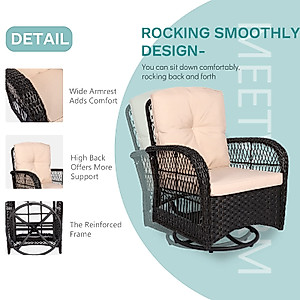MEETWARM 3 Pieces Outdoor Wicker Swivel Rocker Patio Set, Rocking Chairs Rattan Patio Furniture Sets with Thickened Cushion and Glass-Top Coffee Table, Conversation Bistro Set for Porch (Dark Brown)
