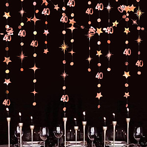 Rose Gold 40th Birthday Decorations Number 40 Circle Dot Twinkle Star Garland Metallic Hanging Streamer Bunting Banner Backdrop for Women 40 Year Old Birthday Forty Anniversary Party Supplies