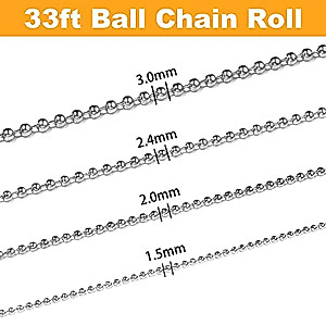 Jishi 33ft Ball Chain 2.4mm Silver Stainless Steel Bead Link Chain Roll for Beaded Dog Tag Necklace, Mens Military Jewelry Making Supplies, Pull Chain DIY Bracelets Keychain Craft - w/20#3 Connectors