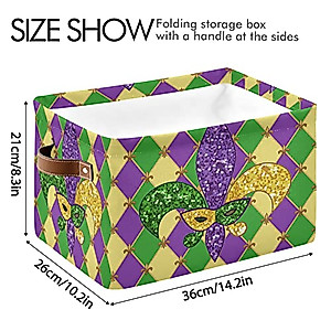 Mardi Gras Fleur De Lis Storage Basket Rhombus Carnival Mask Storage Organizer Box Bin Large Collapsible Cube Baskets with PU Handles for Shelf Closet Nursery Laundry 1 Pack