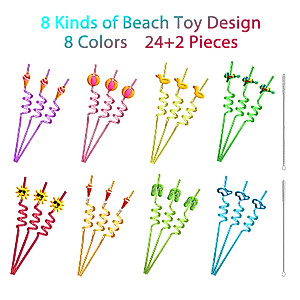 24 Beach Drinking Straws for Kids Beach Ball Pool Summer Birthday Party Supplies Favors Decorations with 2 PCS Cleaning Brushes