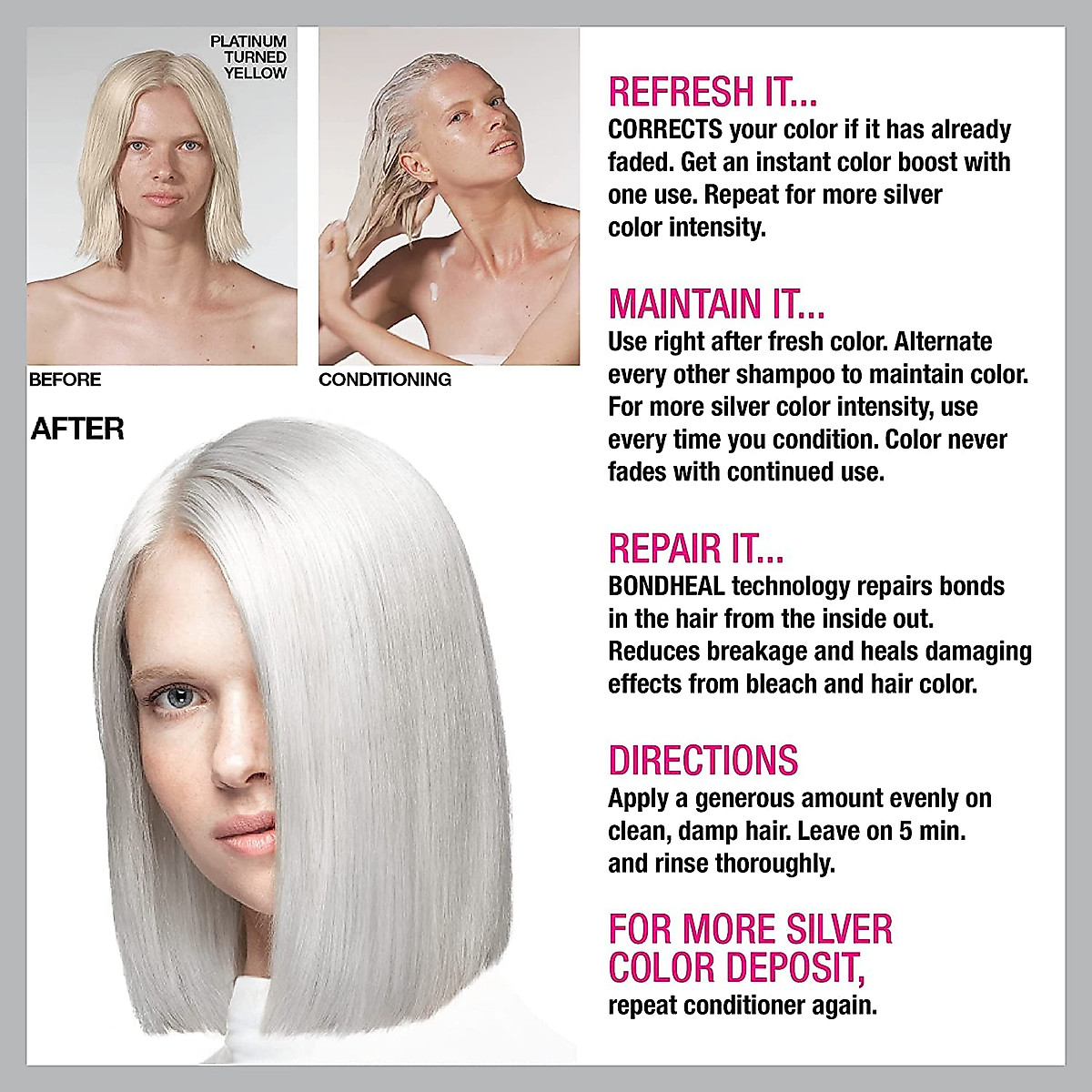 NO FADE FRESH Icy Silver Platinum Color Depositing Conditioner - Semi Permanent Hair Color with BondHeal Bond Rebuilder - Silver Hair Dye, Toner to Remove Yellow - Deep Conditioner Hair Mask 6.4 oz