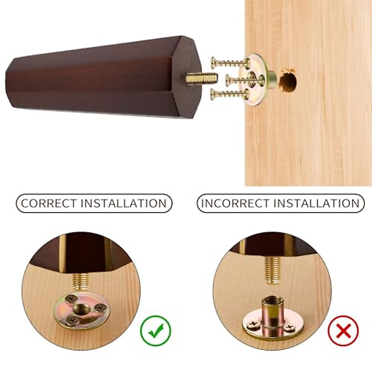 Texphw Wood Furniture Legs, Couch Legs Set of 4 - Wooden Replacement Feet for Bench, Brown Rubber Wood Parts for Sectional, Sofa, Wooden Legs Chairs Complete with Installation Hardware