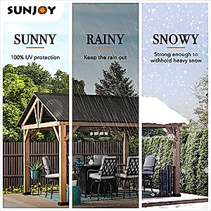 Sunjoy Wood Gazebo 11 x 13 ft. Outdoor Patio Premium Cedar Frame Gazebos with Matte Black Steel Gable Hardtop Roof for Garden, Backyard Shade, Black Roof + Natural Wood Frame