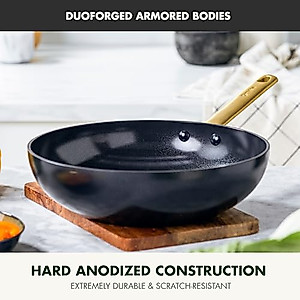 GreenPan Reserve Hard Anodized Healthy Ceramic Nonstick, 11" Wok Pan, Gold Handle, PFAS-Free, Dishwasher & Oven Safe, Black