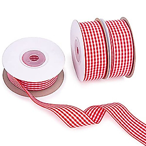 TOXOY 3 Rolls Red Gingham Ribbon and 18PCS Easter Kraft Gift Bags