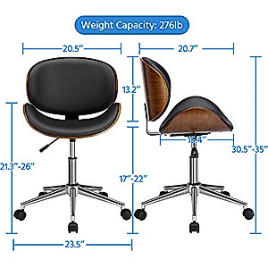 Yaheetech Ergonomic Home Office Desk Chair Modern Mid-Century Bentwood/Curved Seat Computer Chair Walnut Wood Chrome Finish Stool with 360° Swivel Wheels Faux Leather Seat Height Adjustable, Black