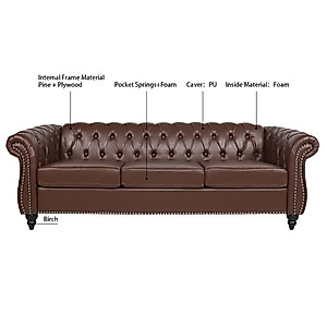 JINS&VICO 84" Chesterfield Sofa Couch, 3 Seater PU Leather Sofa w/Thick Cushion and Deep Seat, Mid-Century Modern Upholstered Accent Rolled Arm Sofa for Living Room, Bedroom, Office, Apartment, Black