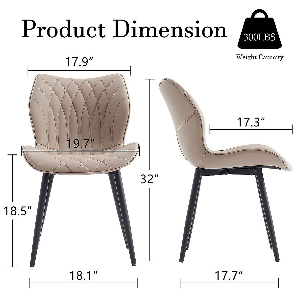 YOUNIKE Dining Chairs Set of 2, Upholstered Leather Kitchen Dining Room Chairs, Modern Living Room Bedroom Side Chairs with Wide Curved Back and Metal Legs, Kitchen Chairs Khaki Taupe