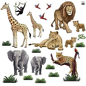 Small Jungle Animal Wall Decals (23) Lion, Elephant, Giraffe, Jaguar, Monkey Peel & Stick Wild Jungle Safari Theme Ideas Kids Room Decor Wall Stickers Birthday Decoration