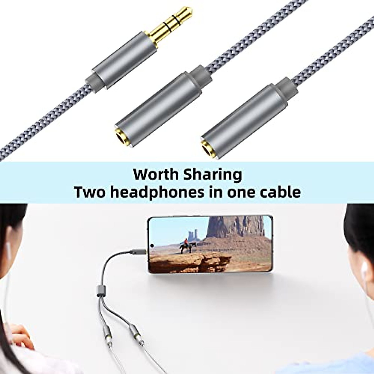 SCETREND Headphone Splitter Audio Jack Earphone Splitter Aux Cord Splitter 2 Way Nylon-Braided Stereo Aux Cable for Headphones Tablets Laptop PS4 Switch Tablets PC Speakers Silver