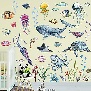 LiveGallery Ocean Life Wall Decals Under The Sea Wall Stickers Whale Jellyfish Clownfish Sea Turtle Cuttlefish Shell Seaweed Conch Coral Wall Decorations for Kids Bedroom Living Room Nursery