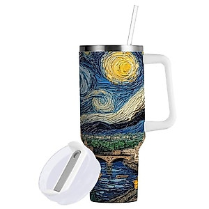 RPLIFE Paris Starry Night 40oz Tumbler with Handle, Stainless Steel Tumbler with Straw, Travel Coffee Tumbler