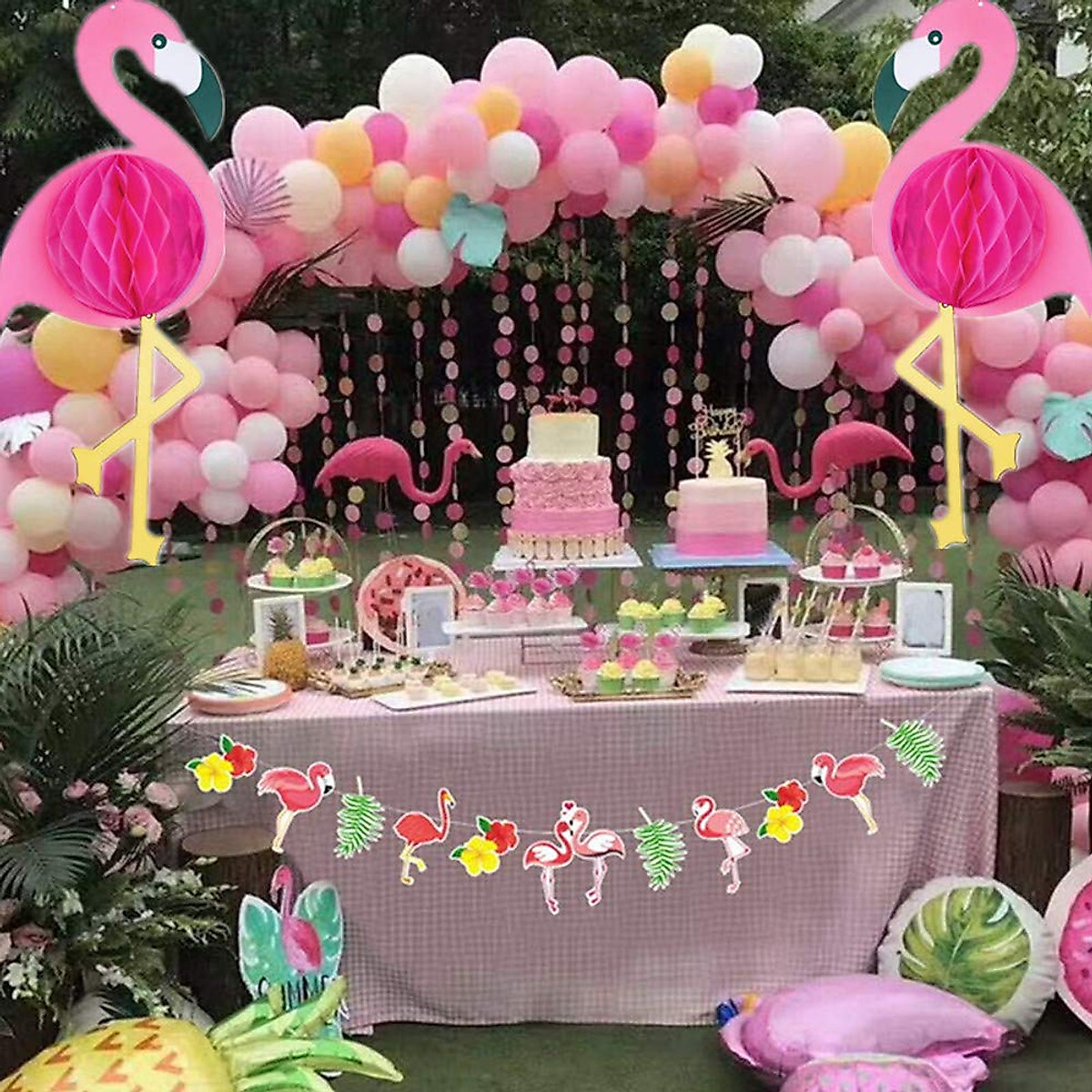 Tropical Flamingo Party Decoration Hawaiian Party Supplies Flamingo Birthday Banners， Hanging Paper Fans, Paper Flowers Paper Lanterns for Hawaiian Summer Beach Party Birthday Party