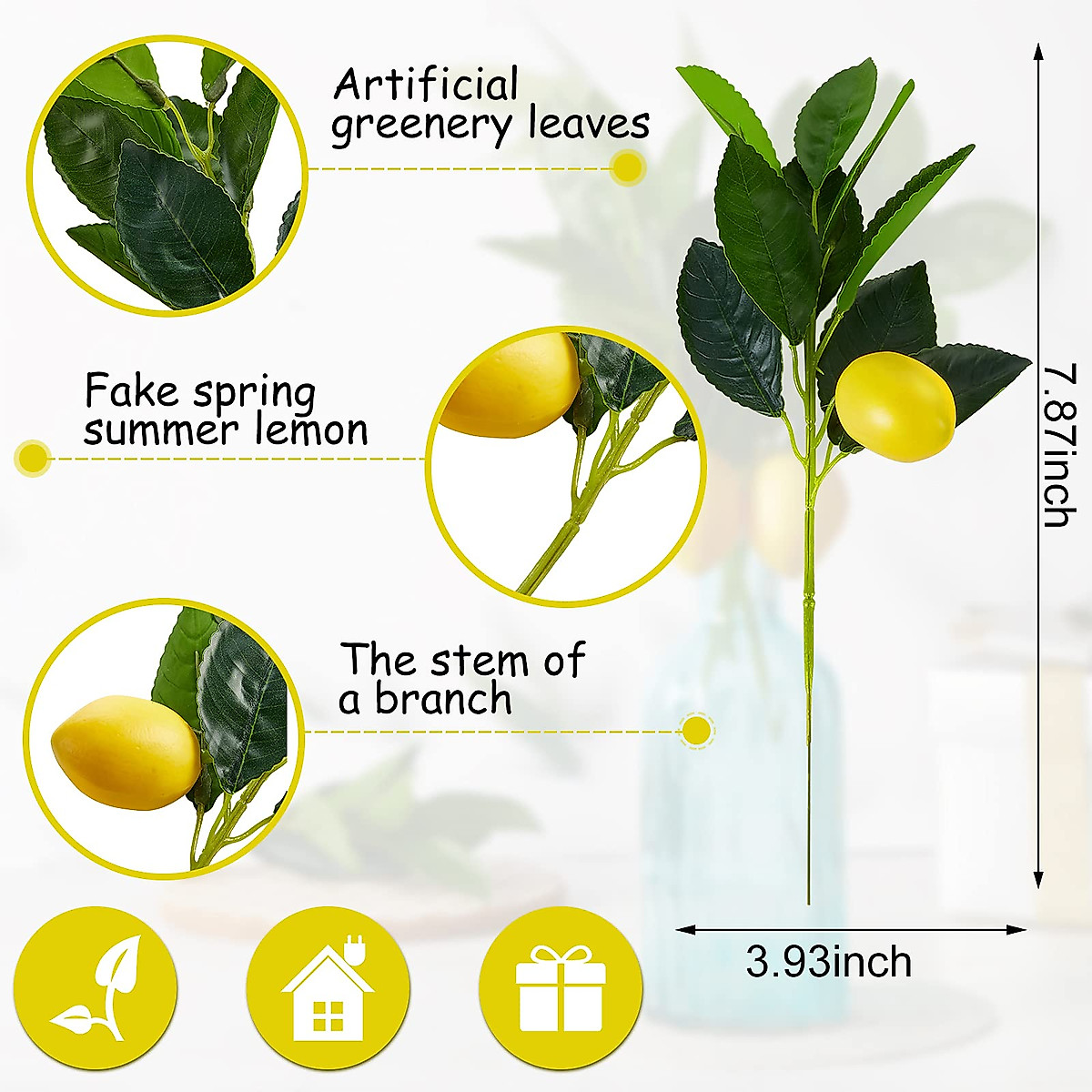 Chuangdi 10 Pieces Artificial Lemon Branches Lemon with Green Leaves Picks Artificial Lemon Picks Decoration for Home or Table Centerpiece, Holiday Farmhouse Garden Kitchen Vase Decoration