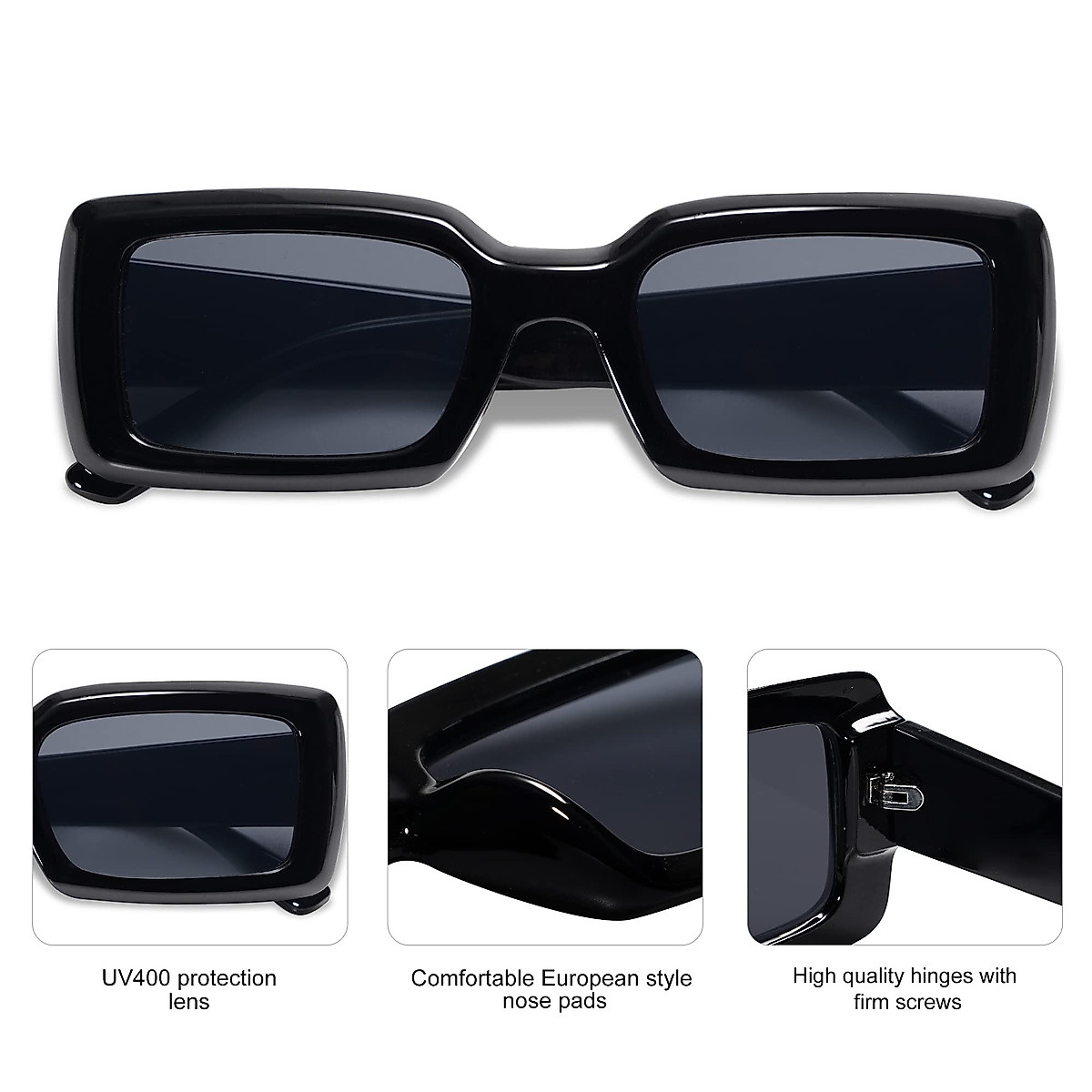 Allarallvr Trendy Rectangle Sunglasses for Women Men Vintage 90's Square Shades Thick Frame Nude Sunnies Sunglasses AR82002, Black