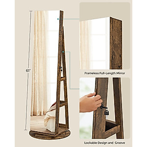 SONGMICS 6 LEDs Lockable Mirror Jewelry Cabinet, 360°Swivel Jewelry Organizer, Standing Jewelry Armoire, Frameless Full-Length Mirror, 3 Storage Shelves, Rustic Brown Surface, Black Lining UJJC007X01